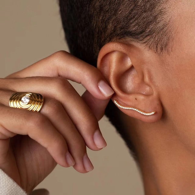Wave Whisper Ear Climbers – Gold Pavé Curve Earrings – Svarn Jewels