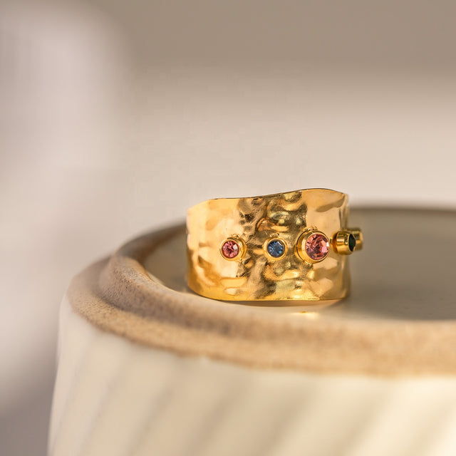 Cosmic Pop Ring – Hammered Gold Ring with Multicolor Stones – Svarn Jewels