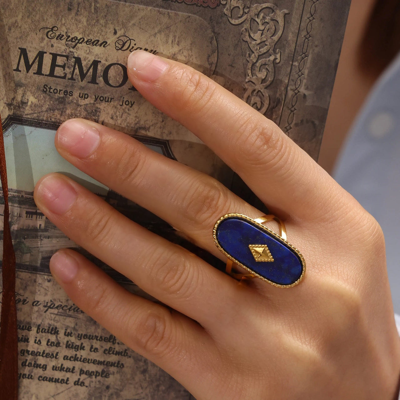 Regal Ember Ring – Gold & Navy Oval Statement Ring | Svarn Jewels